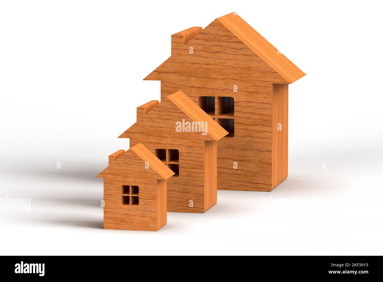 3d illustration. Three houses made of light wood of different sizes on ...