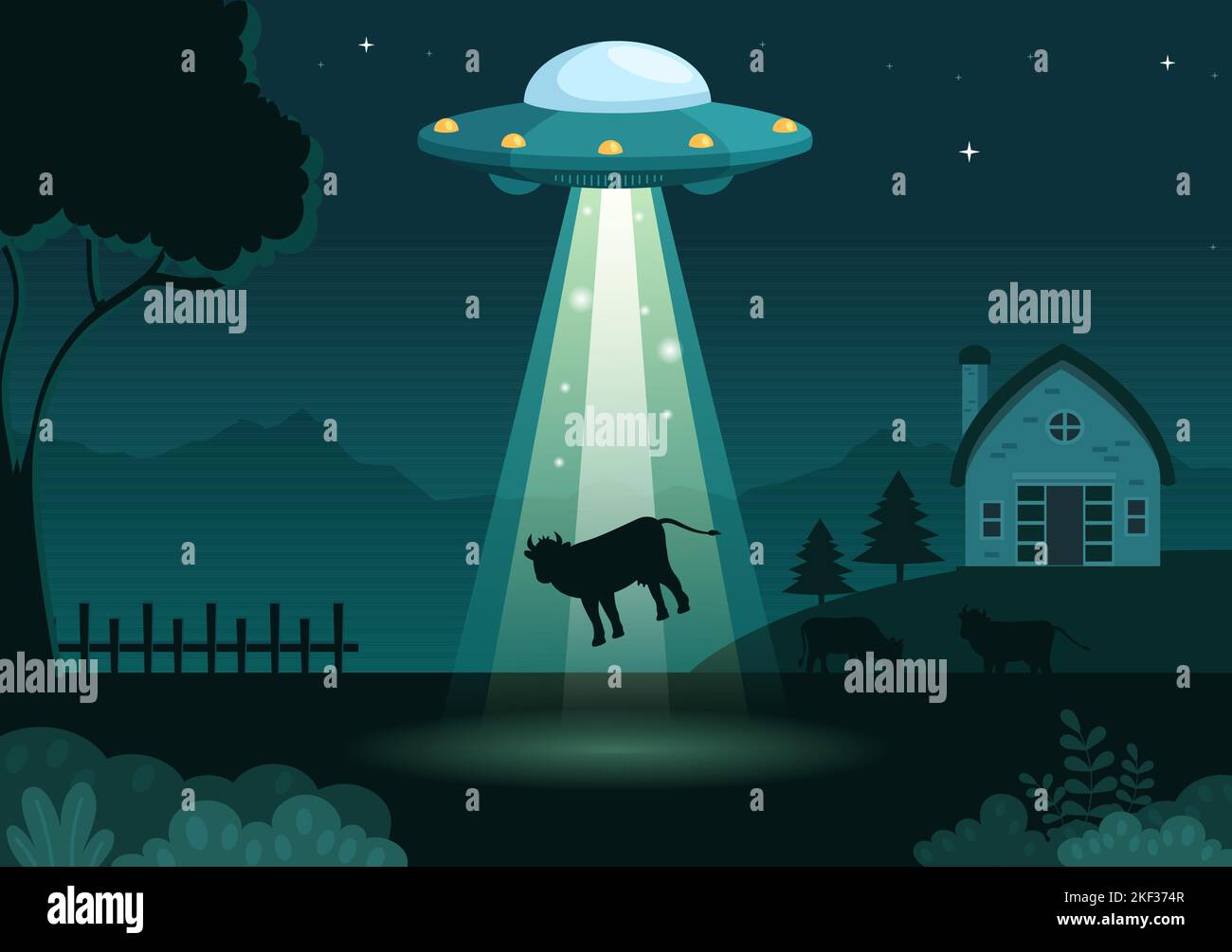 UFO Flying Spaceship with Flying Saucer Over the City Sky Abducts Human ...
