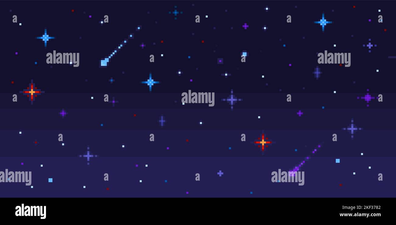 Pixel art night sky. Starry space with shooting stars, 8 bit pixelated video game galaxy ...