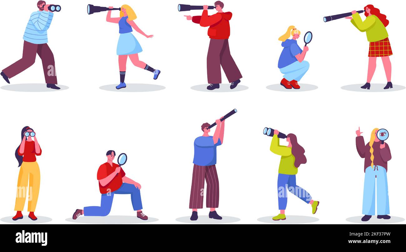 Search characters. People looking through magnifier, binoculars and spyglasses to find ...