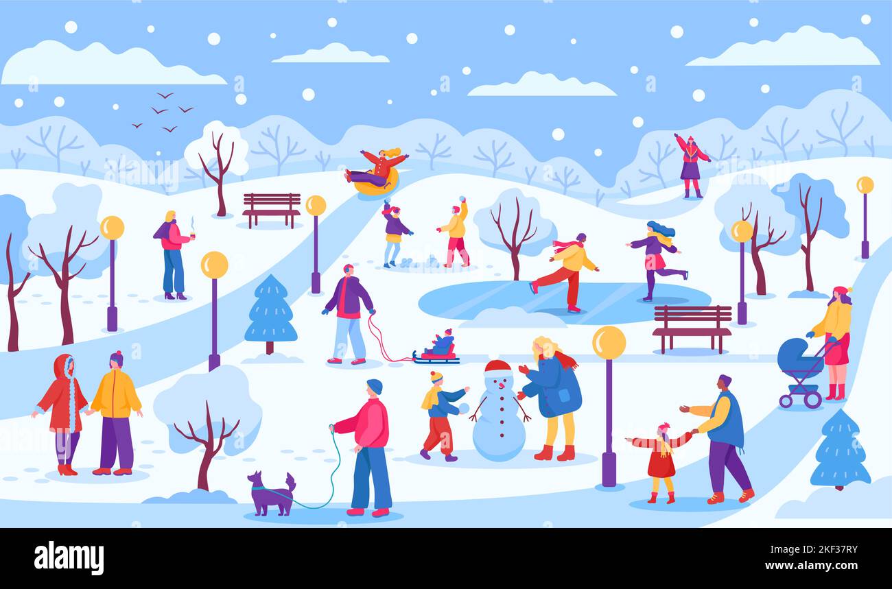 Winter park. Snowy landscape, people doing outdoor activities making ...