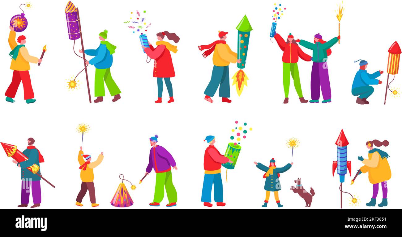 People with holiday pyrotechnics. Man set off festival fireworks, kids ...