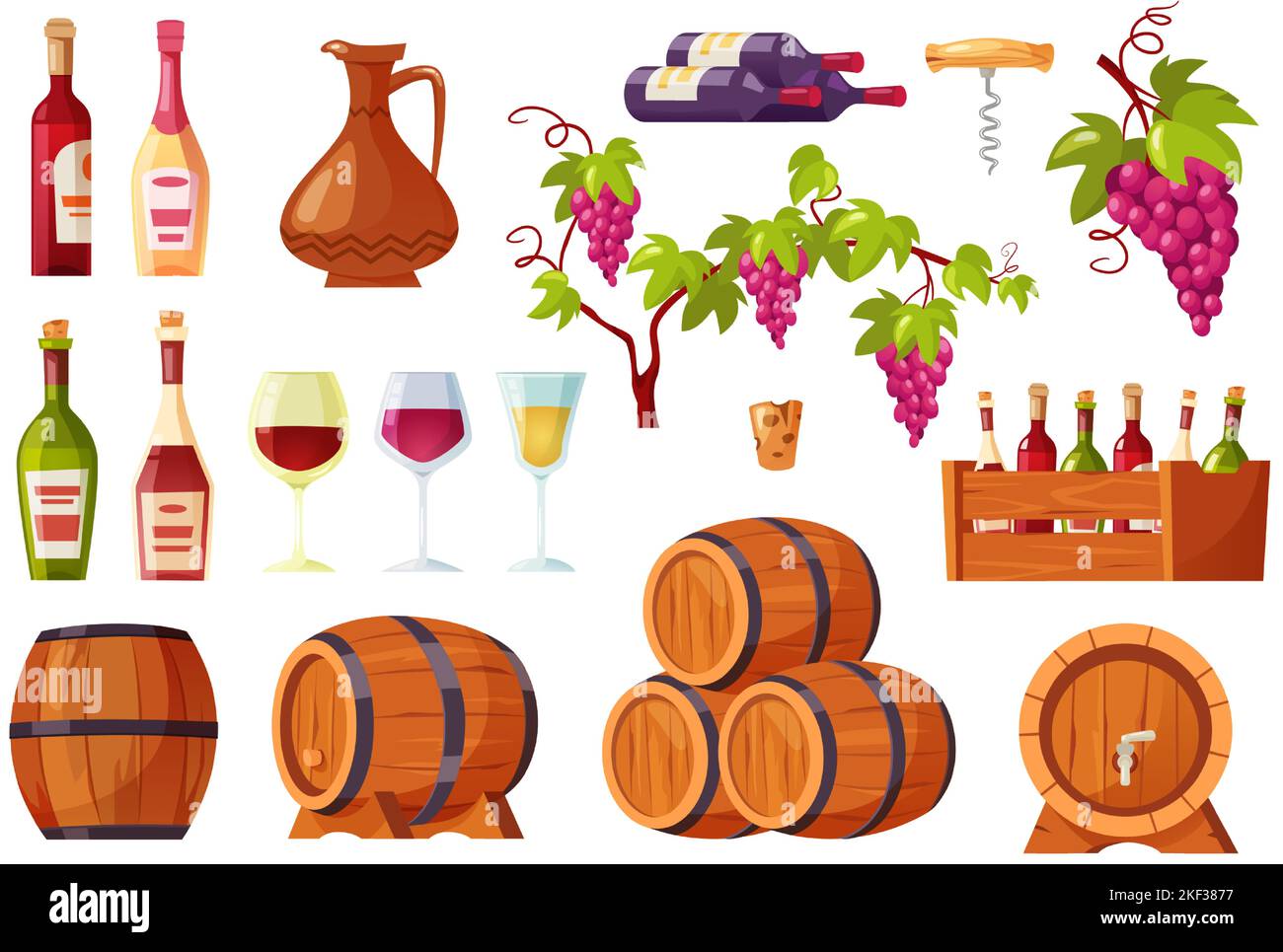 Cartoon wine. Alcohol bottles and barrels, wooden corkscrew, bunch of ...