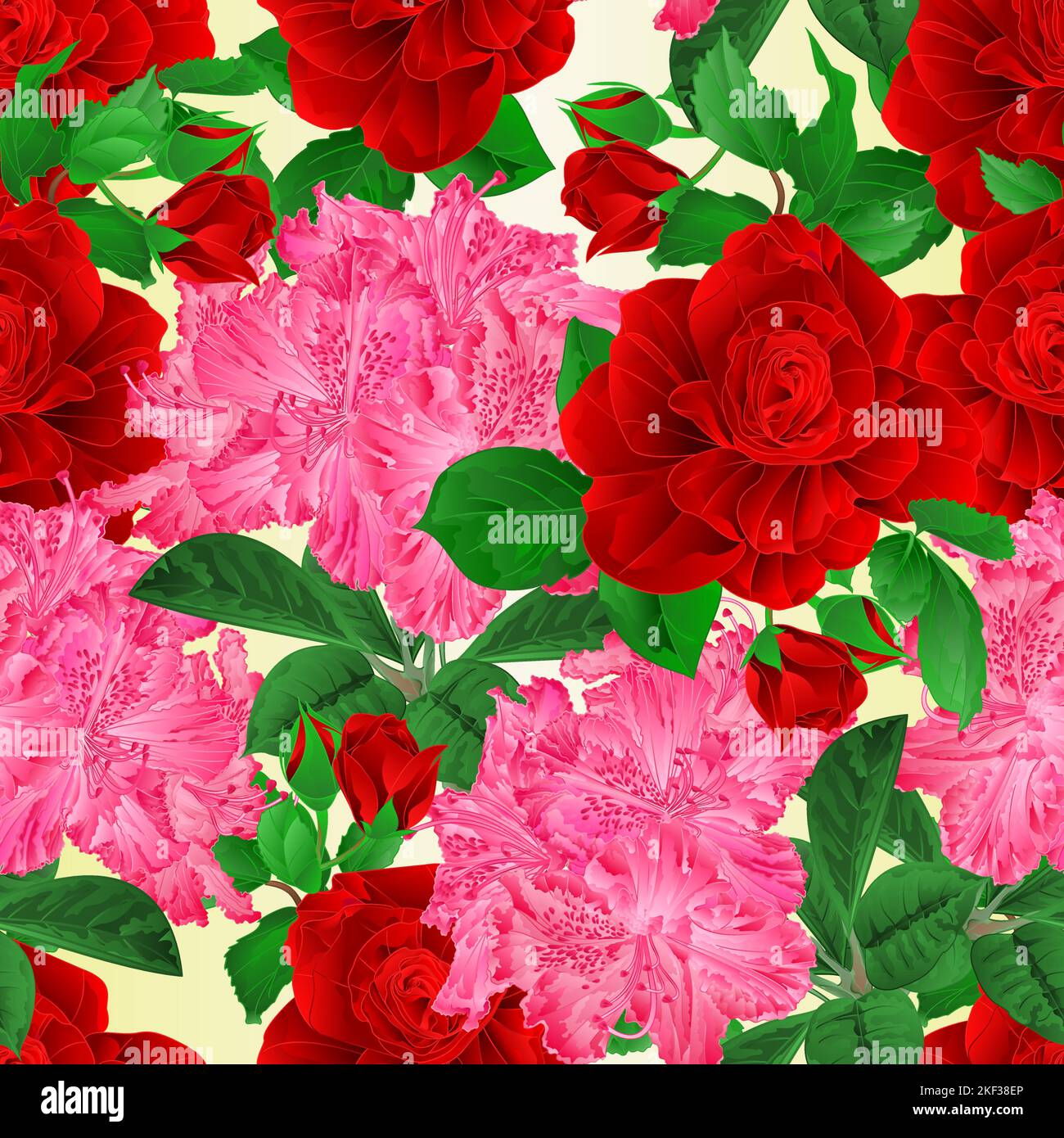 Seamless texture stems flowers red rose and pink rhododendrons nature ...