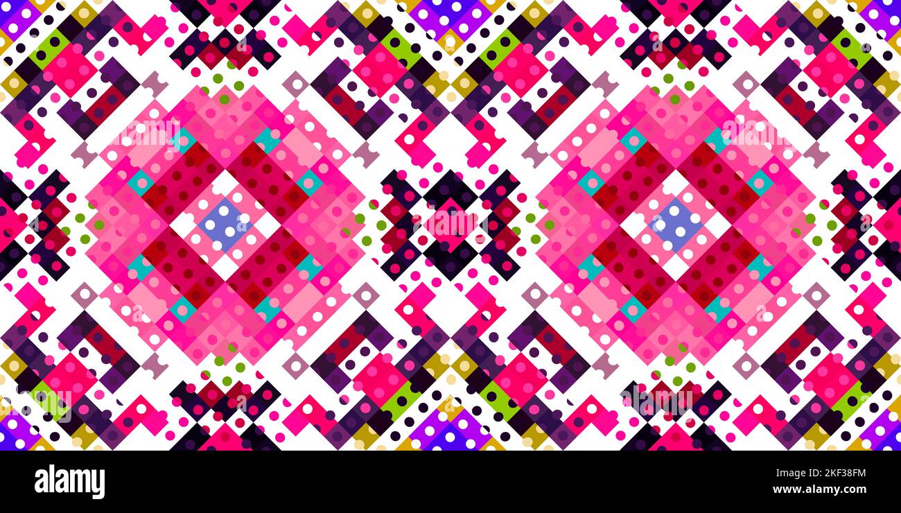 Whimsical geometric pixel pattern. Playful fun kaleidoscopic pink ...