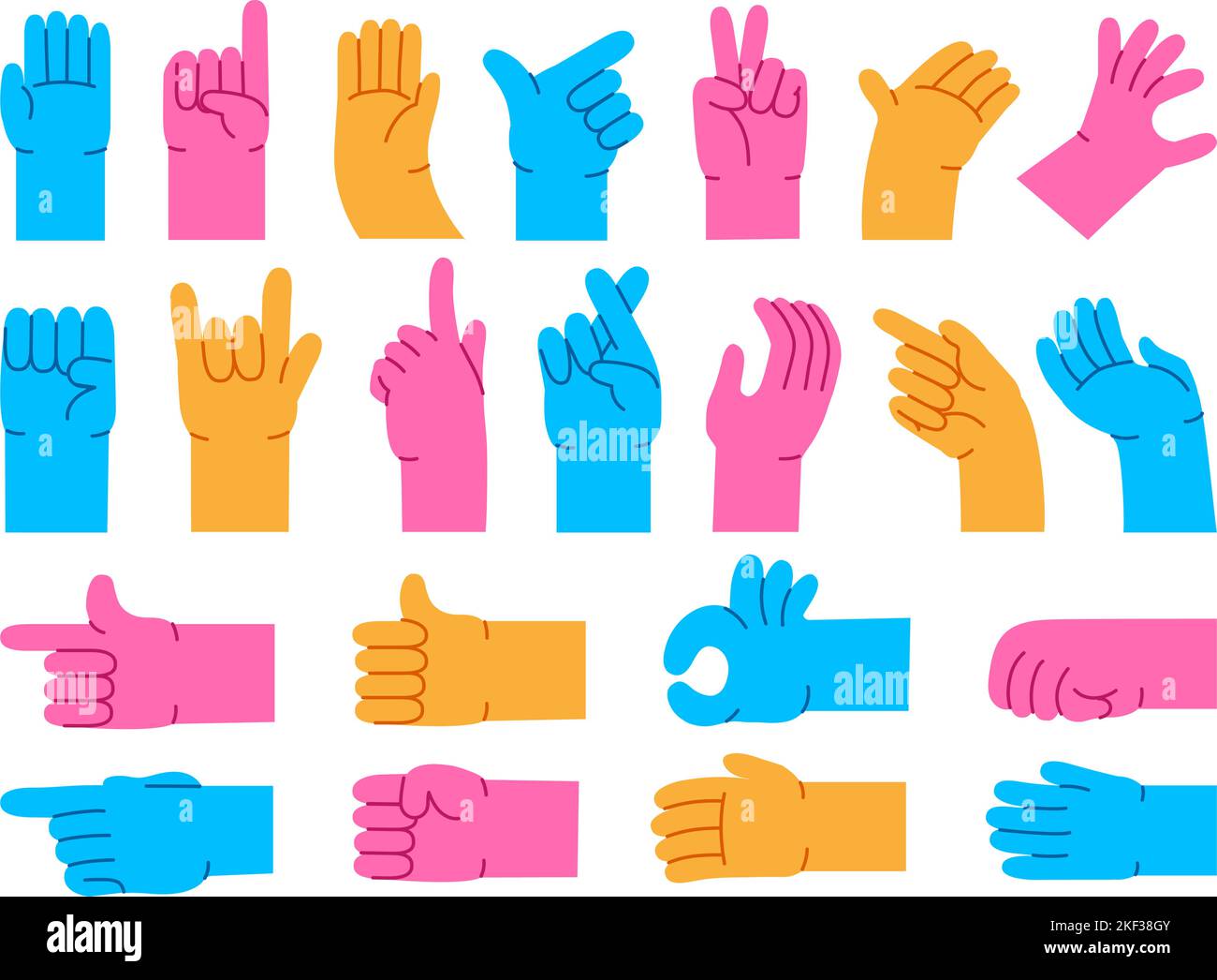 Cartoon hand gestures. Different abstract arms, color pointing hands ...