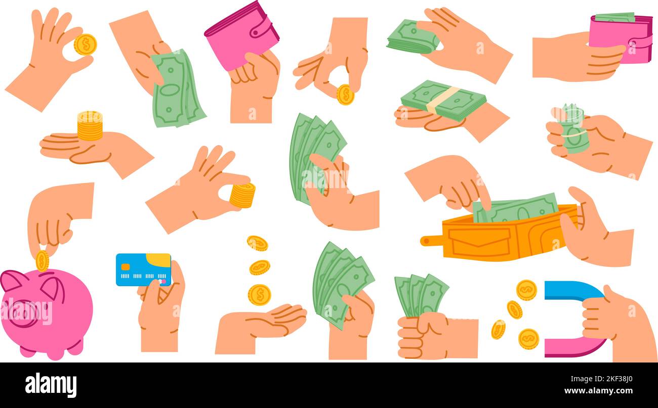 Hands holding money. Cash payment, count coins and paying with bank ...