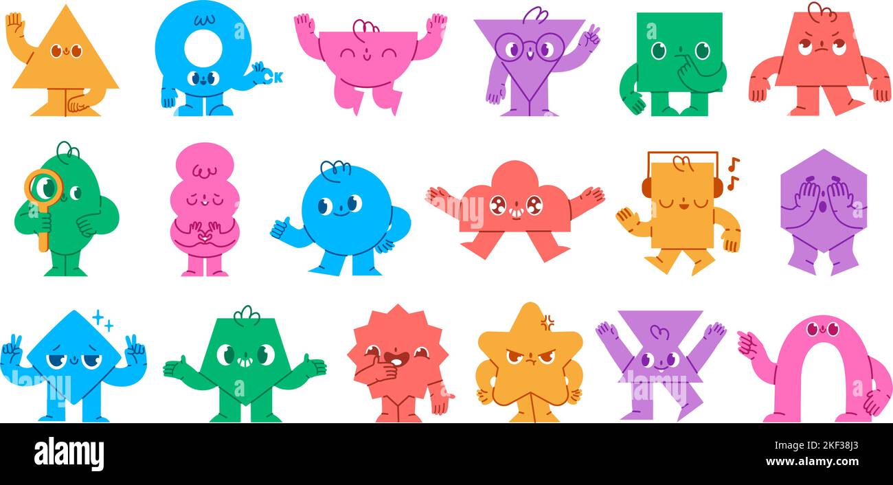 Abstract shapes characters. Geometric mascot faces with funny emotions ...