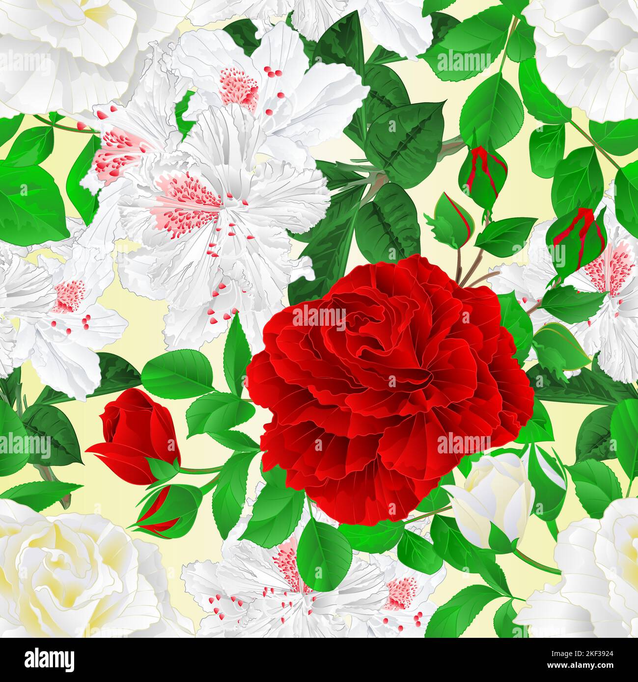 Seamless texture white and red Roses with buds and leaves and white ...