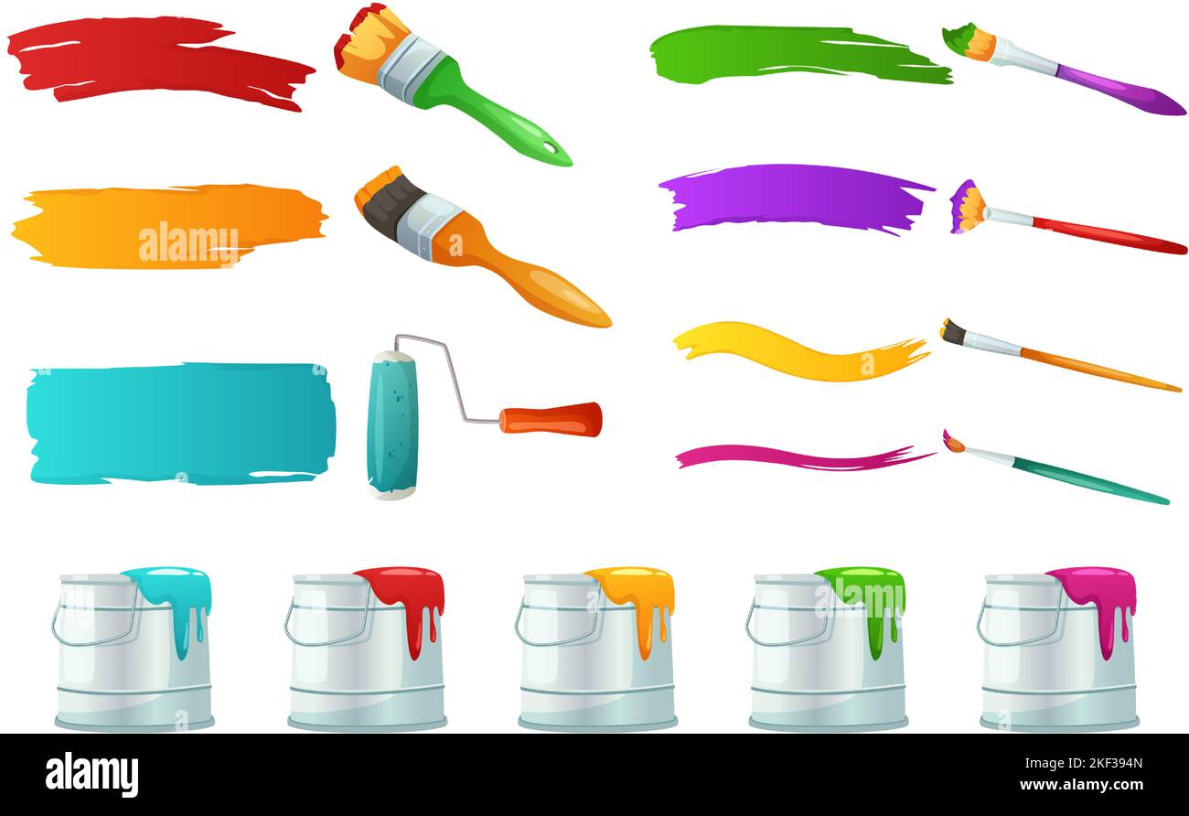 Roller and paint brushes. Can of colored paint and brush stroke ...