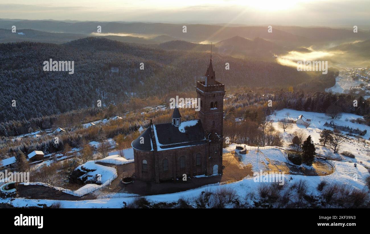 Drone view of St. Leon Chapel on top of Dabo Rock, Moselle mountains ...