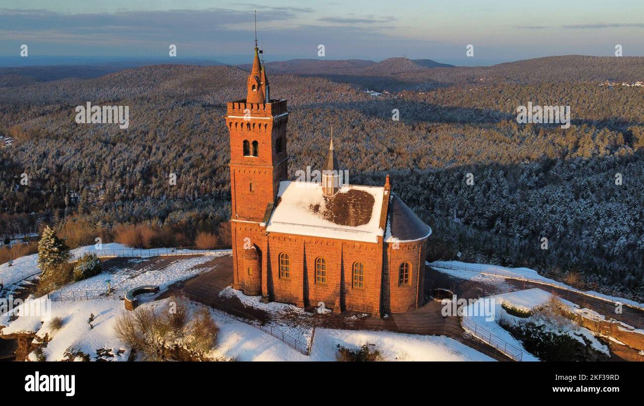 Drone view of St. Leon Chapel on top of Dabo Rock, Moselle mountains ...