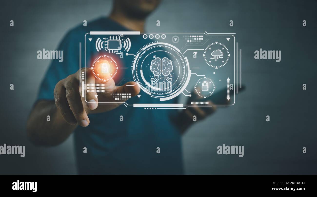 Man holding smart mobile phone use finger touch unlock on screen with ...