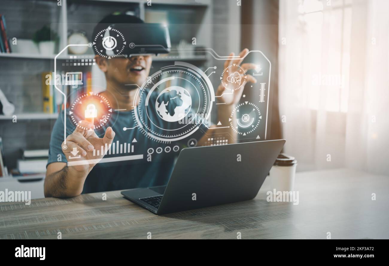 Asian man wearing VR glasses virtual global Internet connection ...