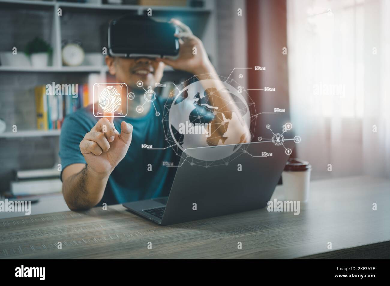 Asian man wearing VR glasses virtual global Internet connection metaverse and point finger to ...