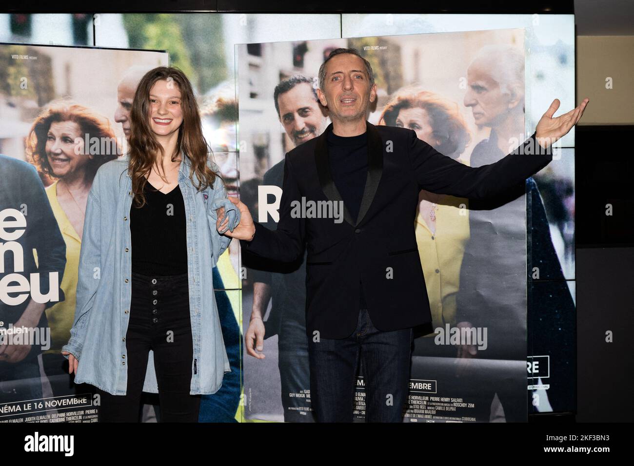 Olivia Jubin and Gad Elmaleh attend the Reste Un Peu premiere at UGC ...
