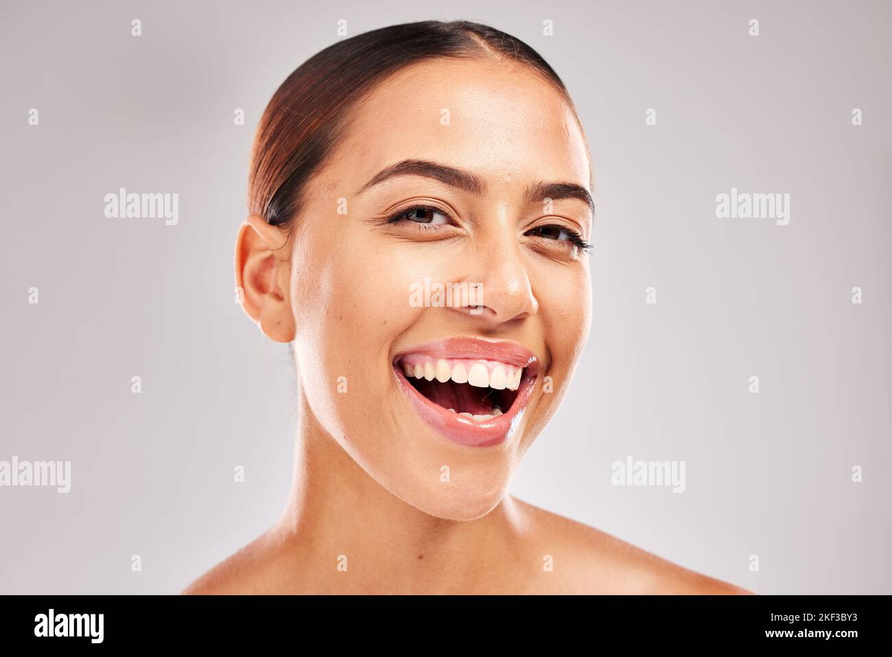 Smile, portrait and teeth black woman in studio for dental, dentist and ...