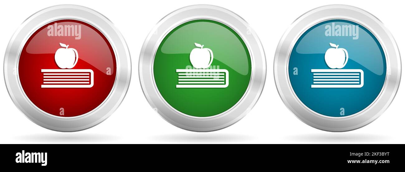 Apple, education, knowledge vector icon set. Red, blue and green silver ...