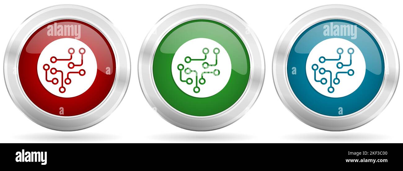 Circuit, technology, chip, processor vector icon set. Red, blue and ...