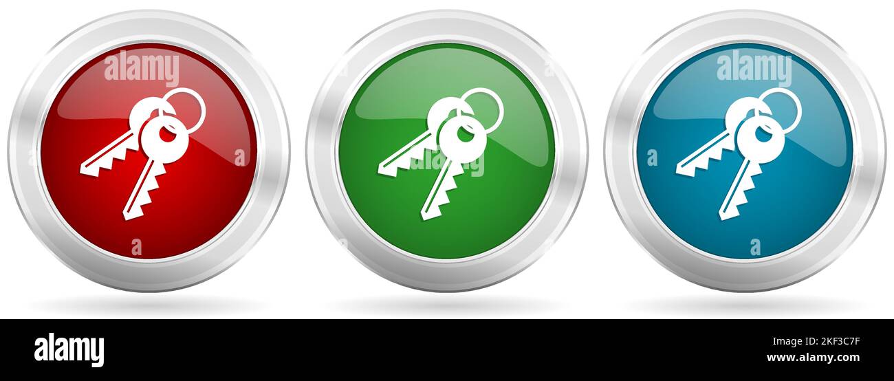 Keys vector icon set. Red, blue and green silver metallic web buttons ...