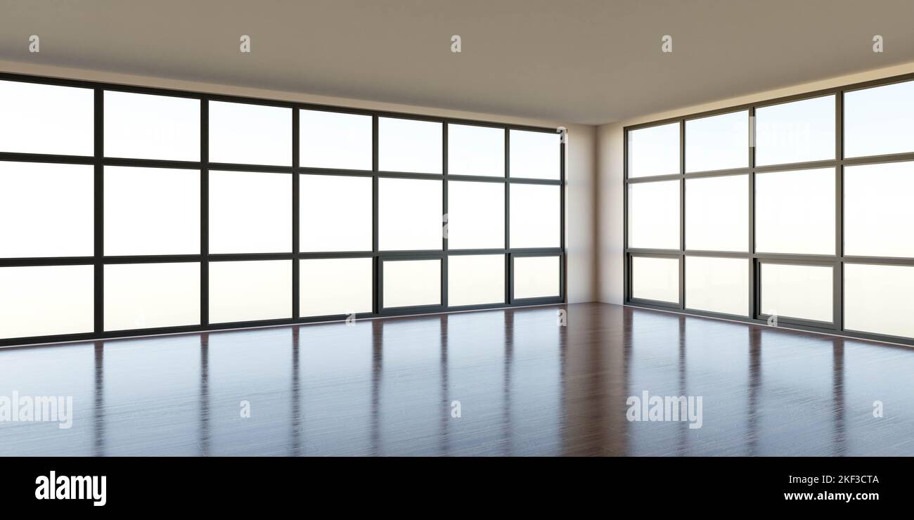 empty blank room with big windows, wooden floor and sun lighting 3d ...