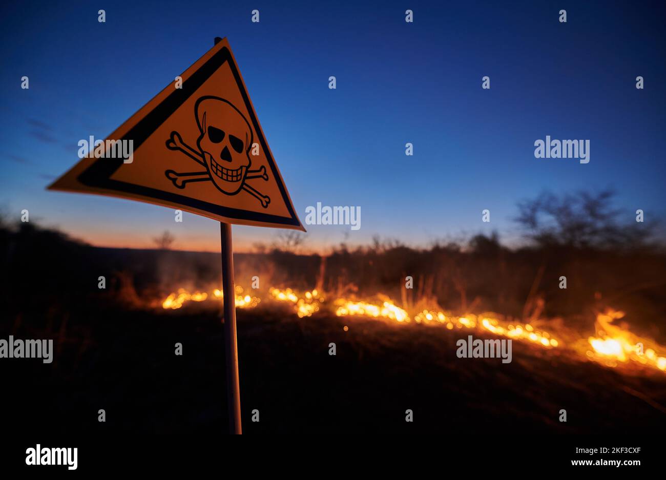 Burning dry grass and poison toxic sign at night. Yellow triangle with ...