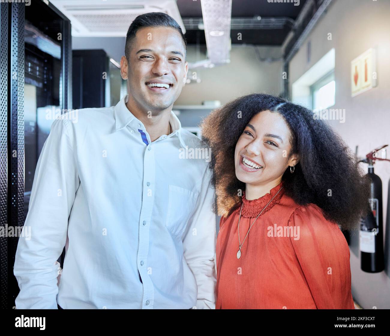 Coding team, computer networking server and tech support workers smile ...
