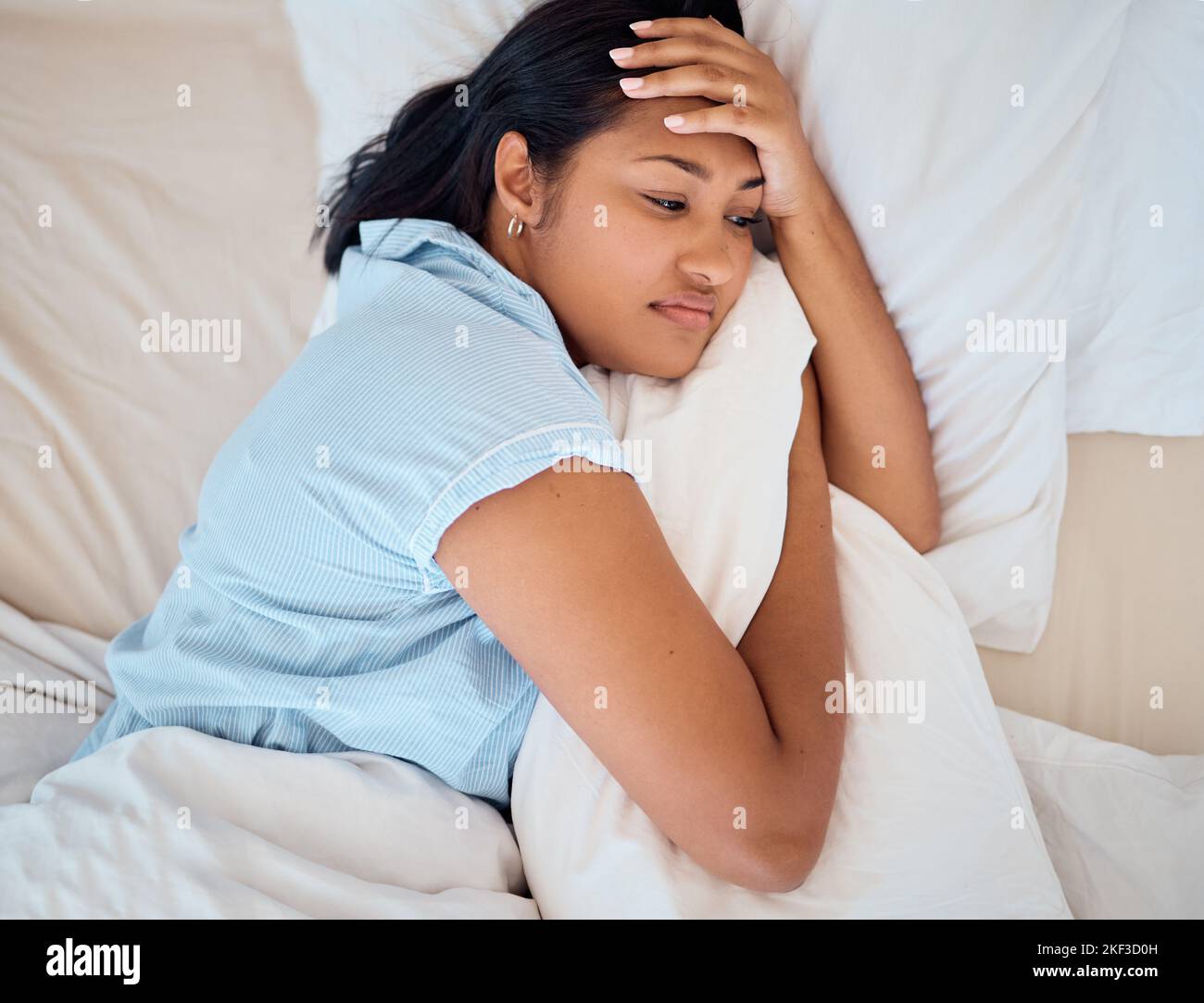 Depression, sleeping and woman in bed with mental health problem ...