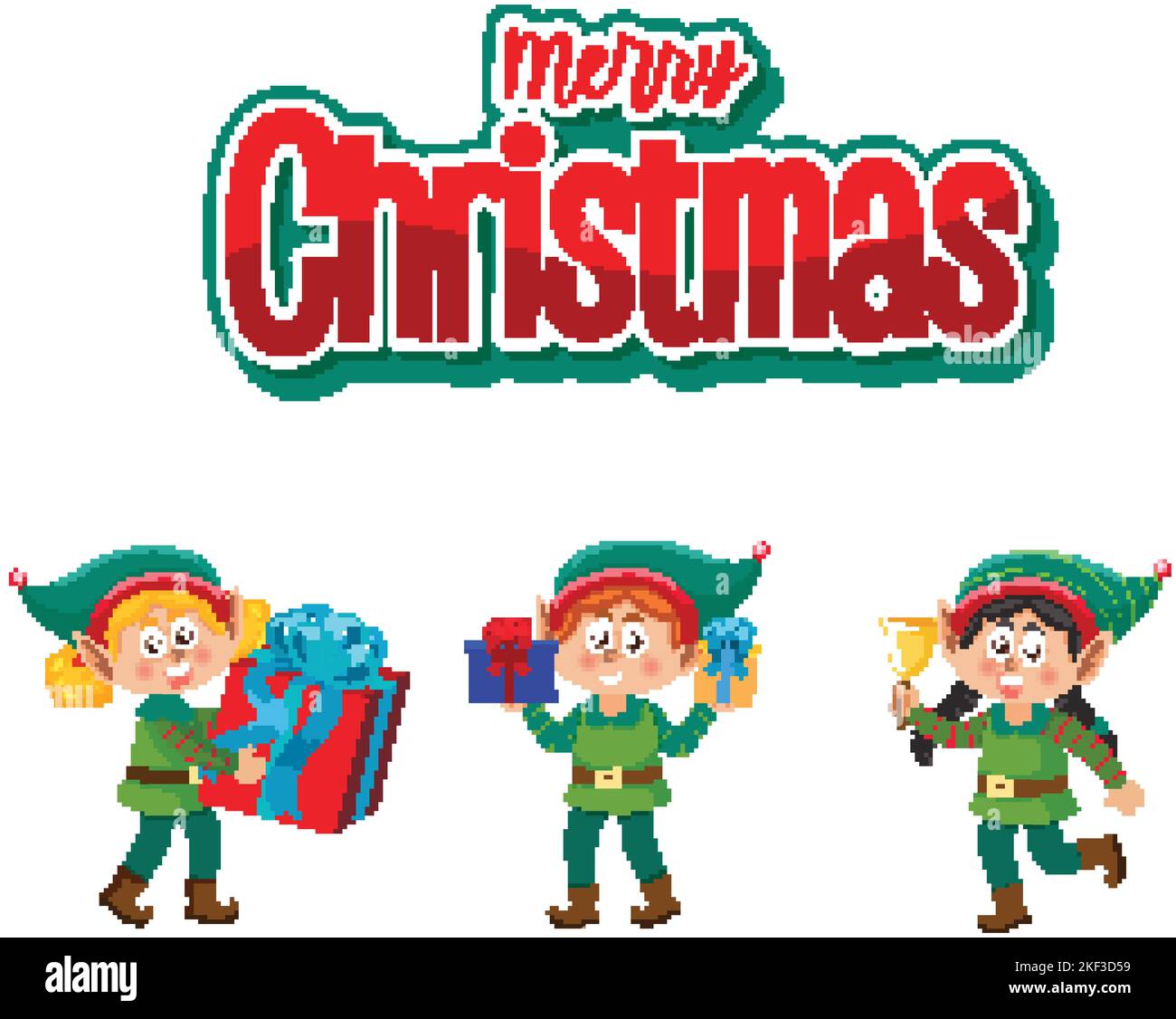 Merry Christmas text with elves cartoon character illustration Stock ...