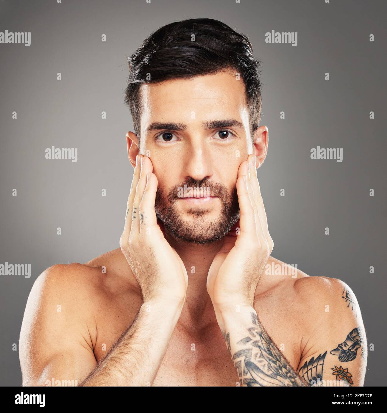 Skincare, beauty and portrait of a man with face for cosmetics against ...