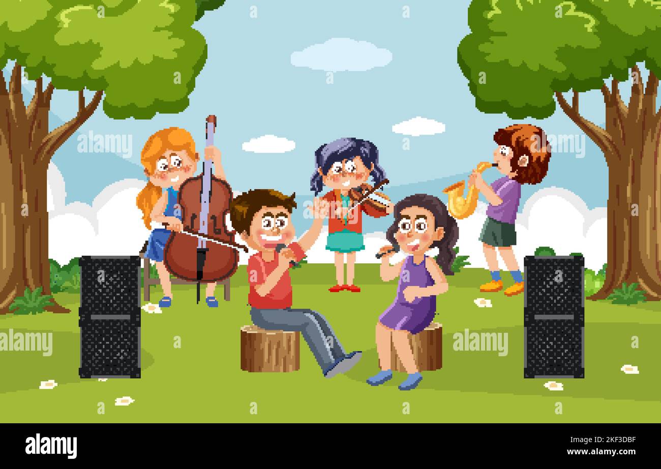 Kids music band playing at park illustration Stock Vector Image & Art ...