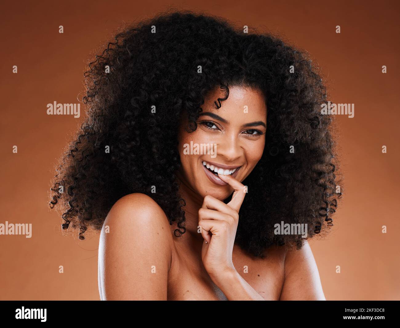 Black woman, happy smile and beauty haircare model with afro cosmetics ...
