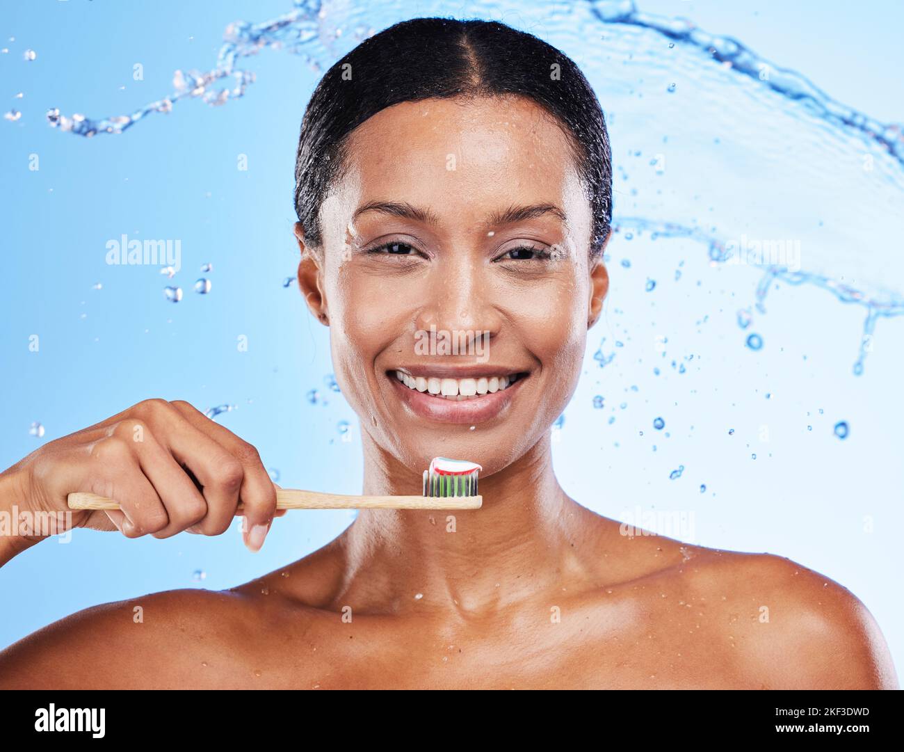 Toothbrush, hygiene and black woman portrait for dental wellness, teeth whitening and water ...