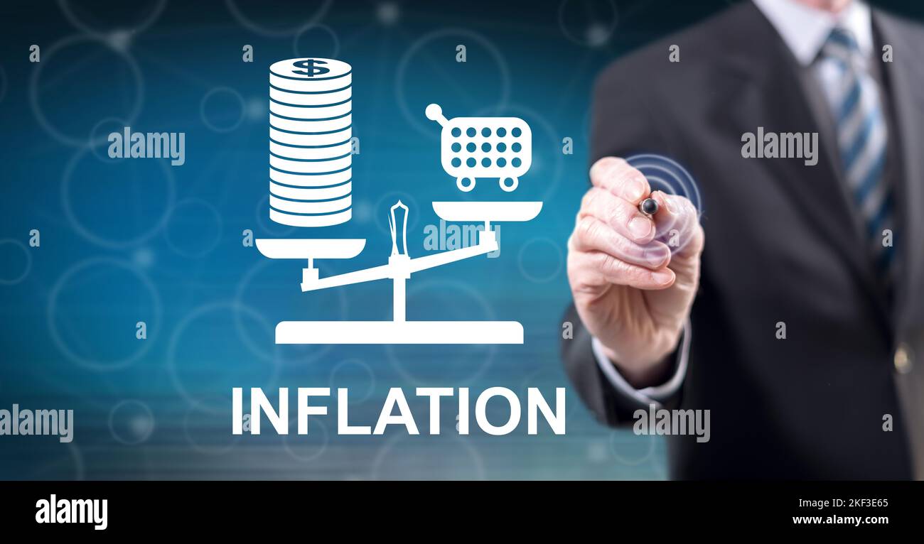 Man touching an inflation concept on a touch screen with a stylus pen ...