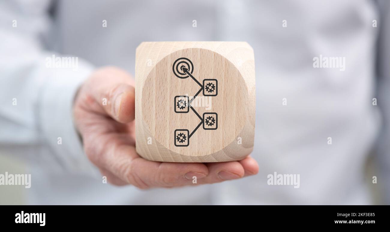 Hand holding a wooden cube with symbol of workflow concept Stock Photo ...