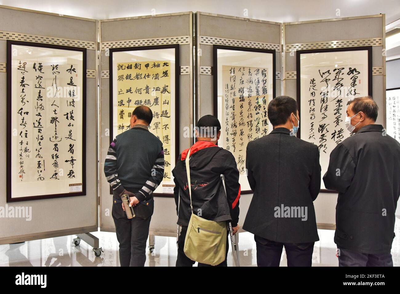 Visitors are appreciating the Chinese calligraphy works in the National ...