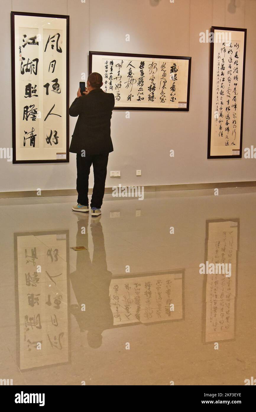 Visitors are appreciating the Chinese calligraphy works in the National ...