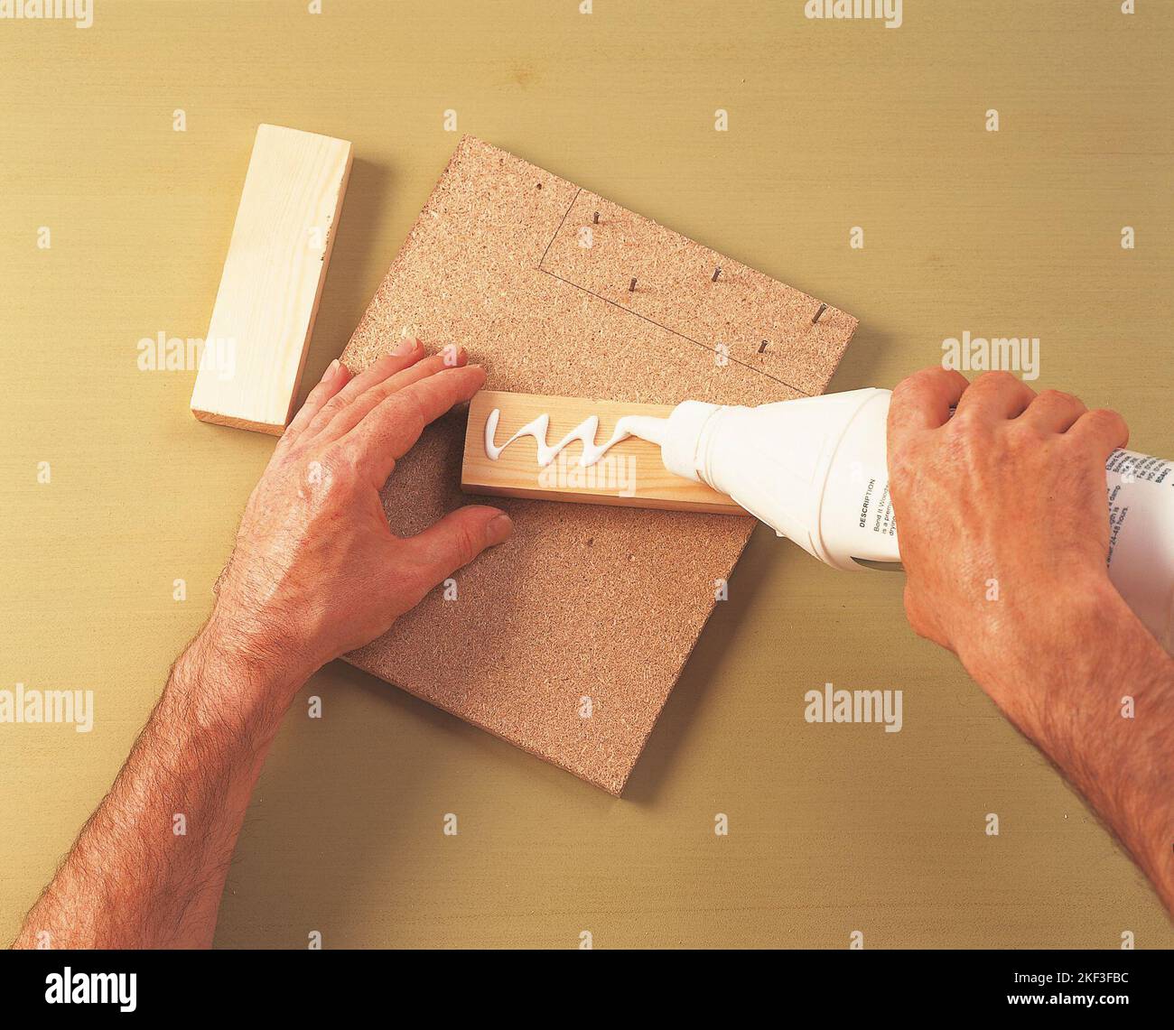 Applying wood glue to a piece of timber Stock Photo - Alamy
