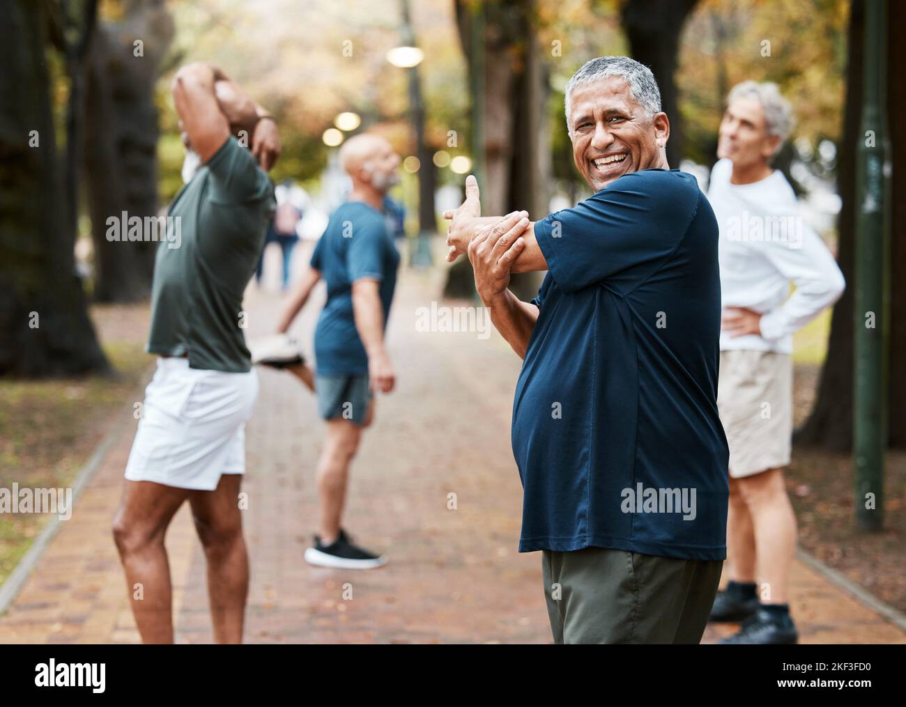 Fitness, friends and stretching with old man in park for training ...