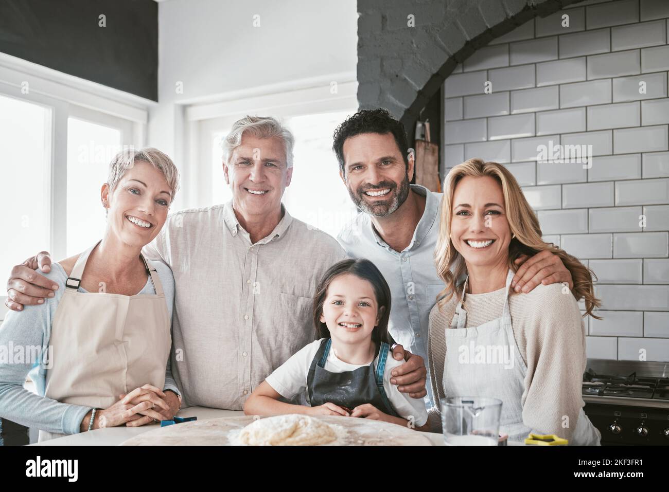 Cooking, help and portrait of big family in kitchen for happy, learning ...