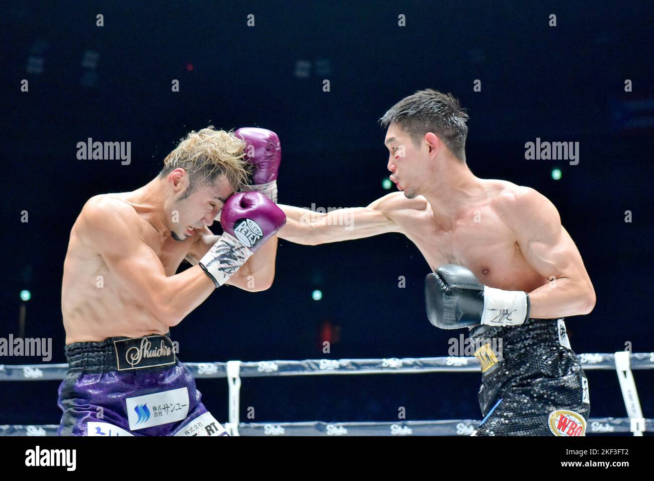 Champion Shuichiro Yoshino (purple gloves) and challenger Masayoshi Nakatani (black gloves ...