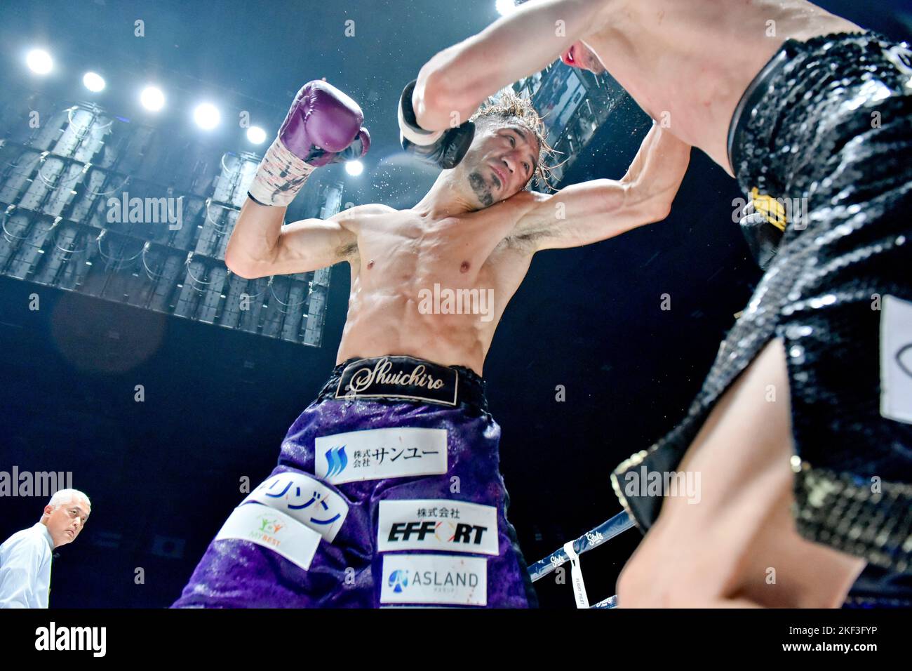 Champion Shuichiro Yoshino (purple gloves) and challenger Masayoshi Nakatani (black gloves ...