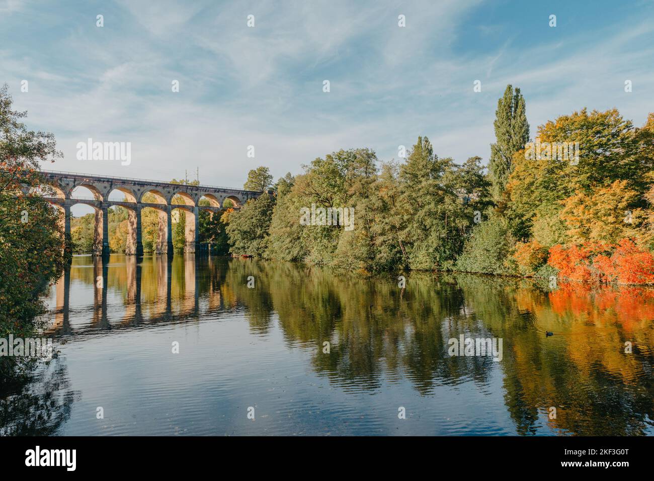 Railway Bridge with river in Bietigheim-Bissingen, Germany. Autumn ...