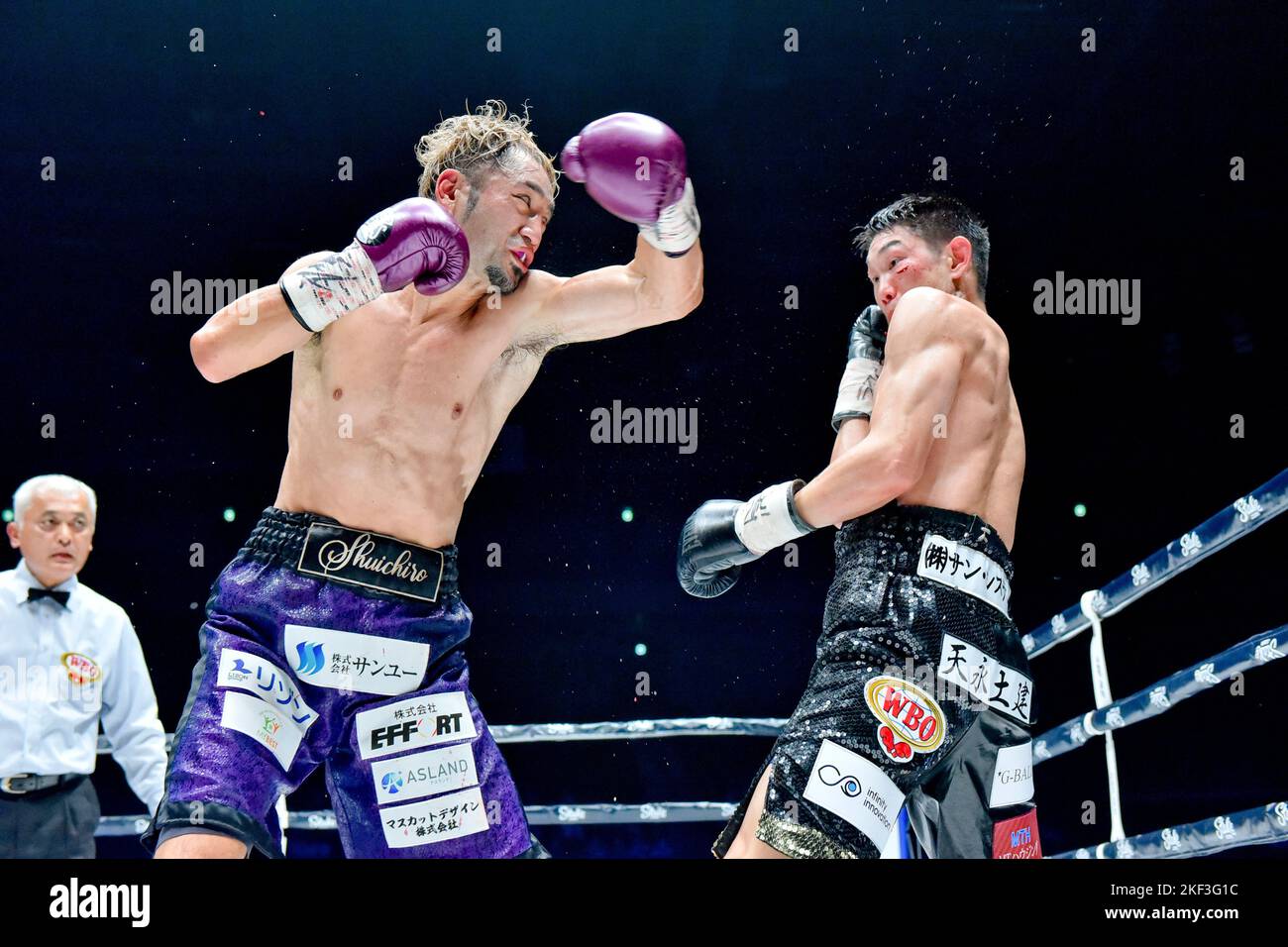 Champion Shuichiro Yoshino (purple gloves) and challenger Masayoshi Nakatani (black gloves ...