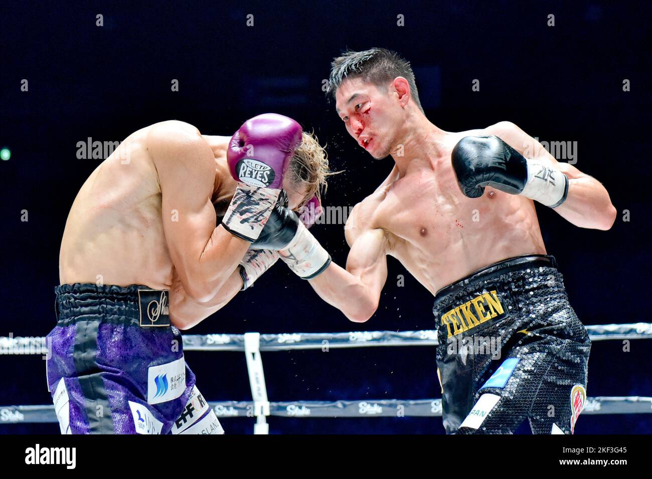 Champion Shuichiro Yoshino (purple gloves) and challenger Masayoshi Nakatani (black gloves ...