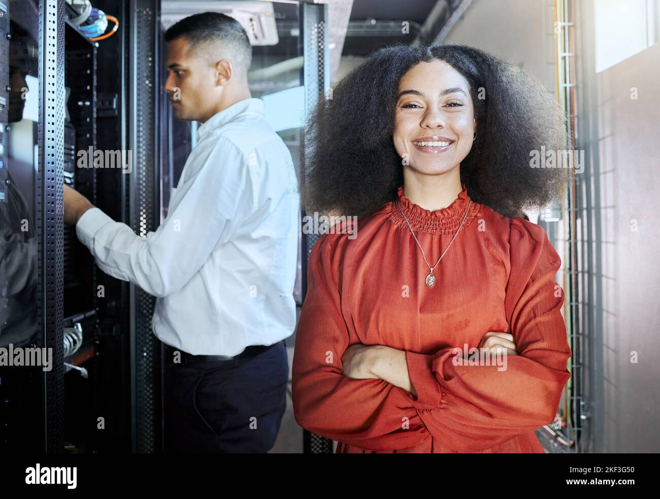 Team, server room and cybersecurity and computer engineer man and woman ...