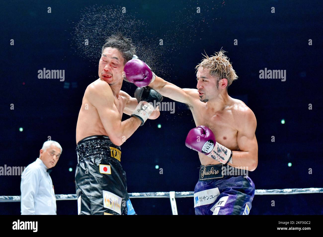 Champion Shuichiro Yoshino (purple gloves) and challenger Masayoshi Nakatani (black gloves ...