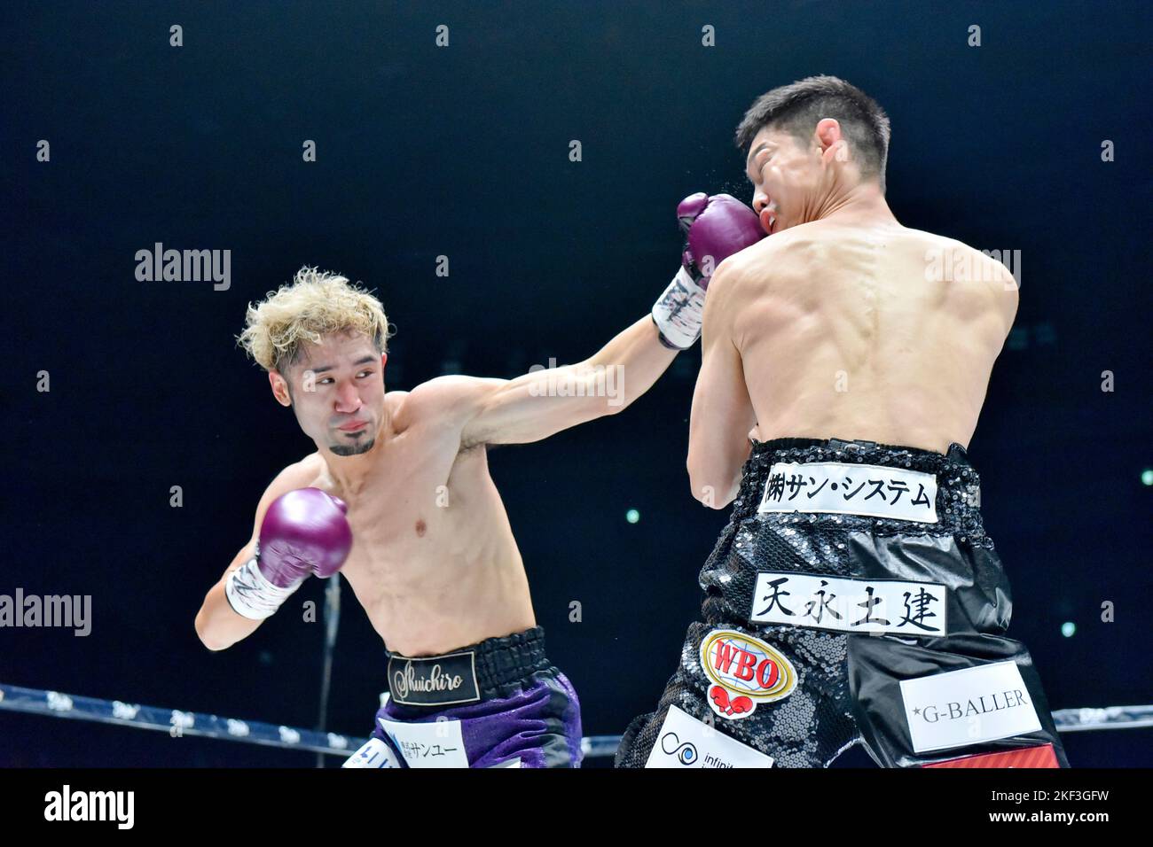Champion Shuichiro Yoshino (purple gloves) and challenger Masayoshi Nakatani (black gloves ...
