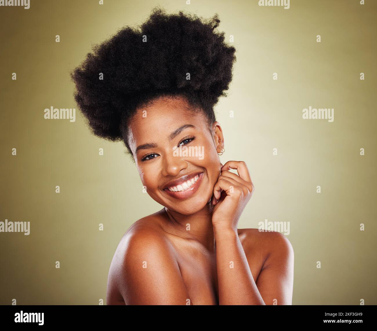Beauty, skincare and smile of black woman with natural hair or afro on ...