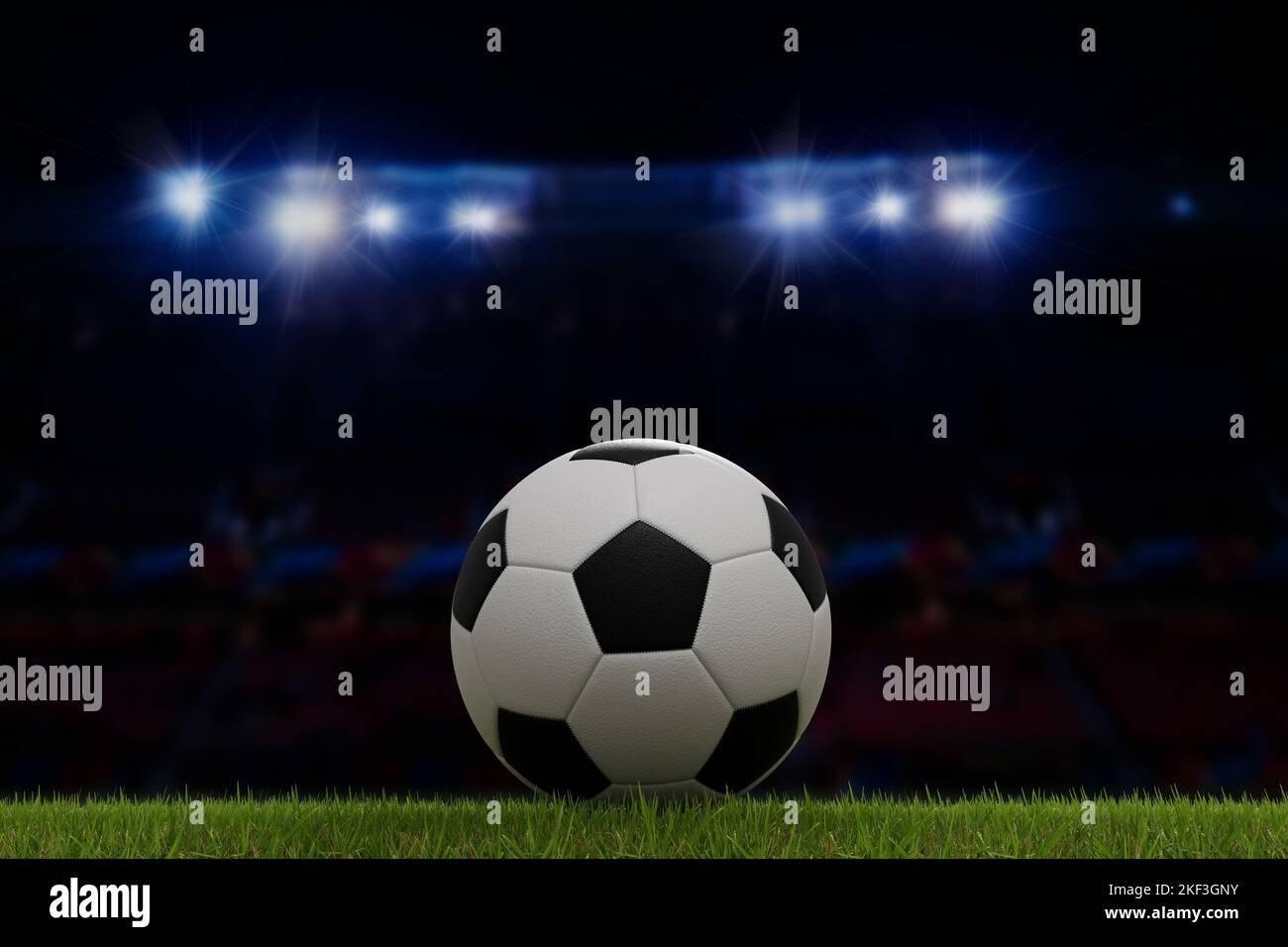 Soccer football ball on a grass pitch in front of stadium lights. 3D ...
